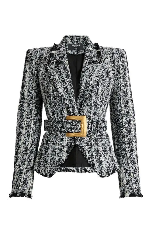 Balmain Two-tone Tweed Belted Jacket