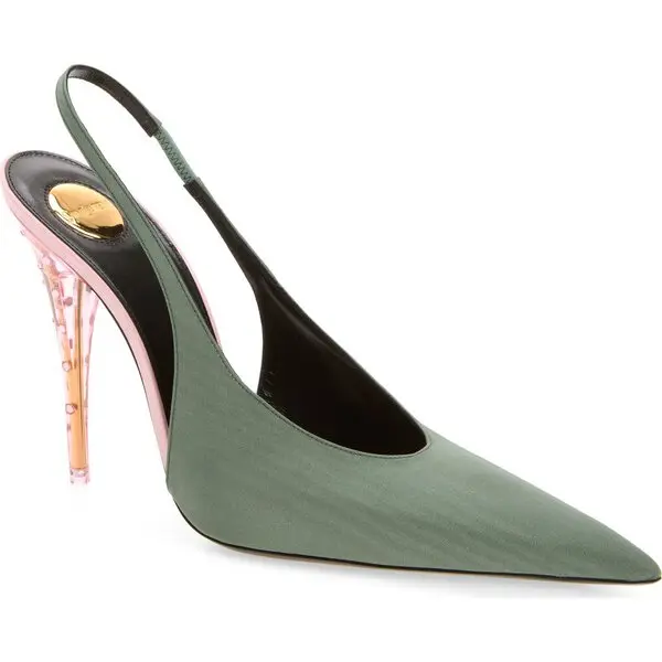 Saint Laurent Allure Strass Clear Heel Pointed Toe Slingback Pump - Flannel