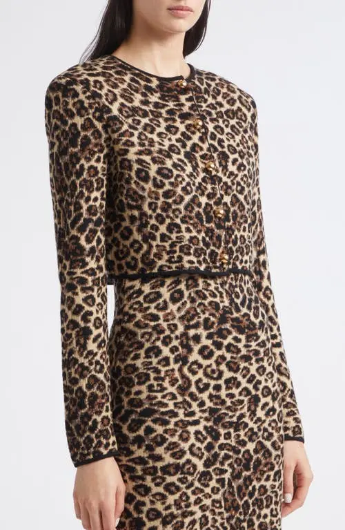 TOCCIN Indira Leopard Jacquard Cropped Wool Cardigan
