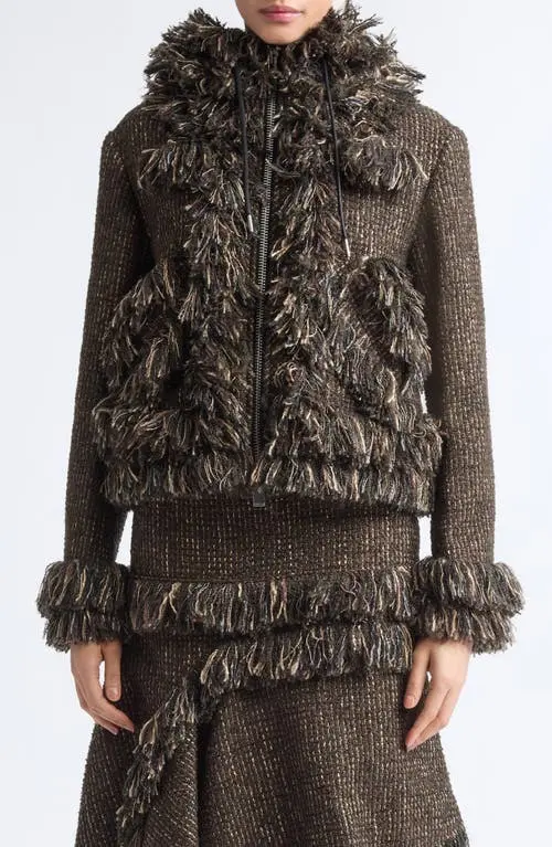 Sacai Fringe Wool Blend Tweed Hooded Jacket - Brown