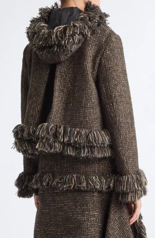 Sacai Fringe Wool Blend Tweed Hooded Jacket - Brown