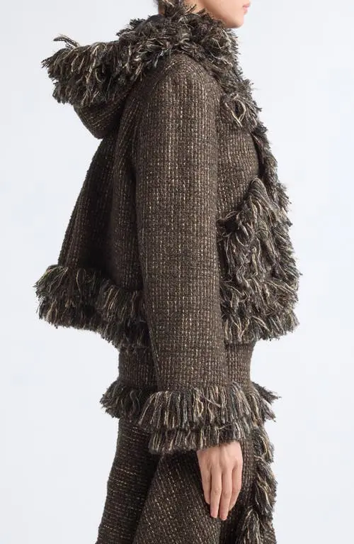 Sacai Fringe Wool Blend Tweed Hooded Jacket - Brown