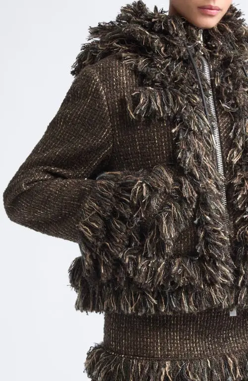Sacai Fringe Wool Blend Tweed Hooded Jacket - Brown