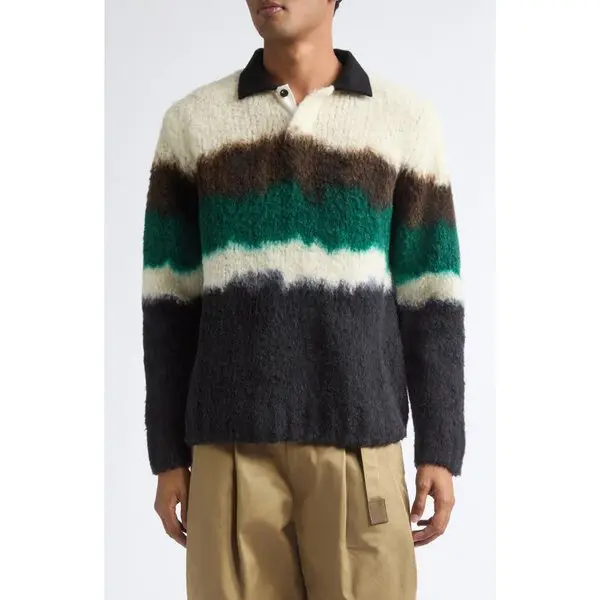 Sacai Chusen Dyed Wool Blend Polo Sweater - Black Multi