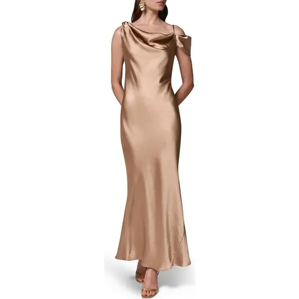 Donna Karan New York Asymmetrical Shoulder Satin Gown - Camel