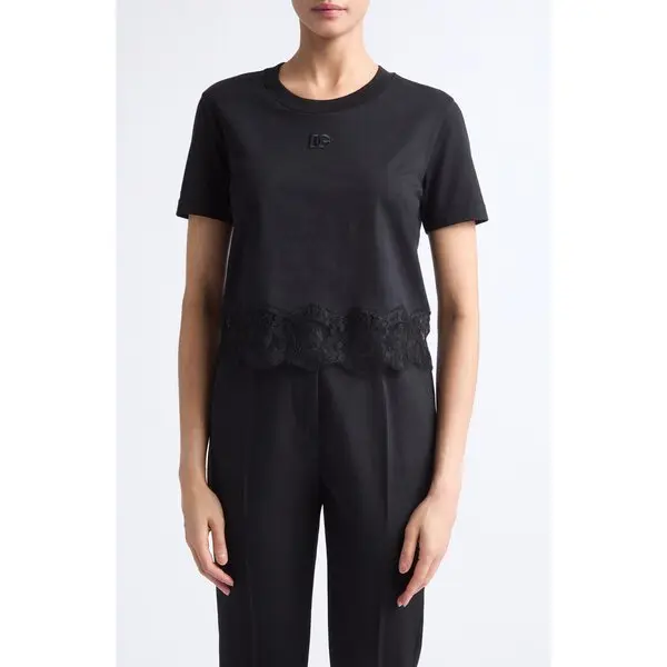 Dolce & Gabbana Logo Embroidered Lace Trim T-shirt - Nero