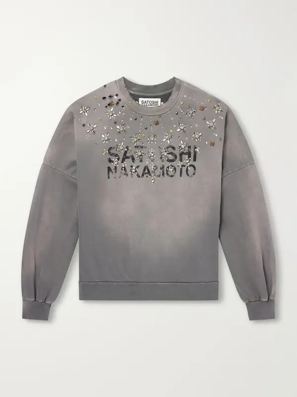SATOSHI NAKAMOTO Crystal Castle Embellished Distressed Cotton Sweatshirt