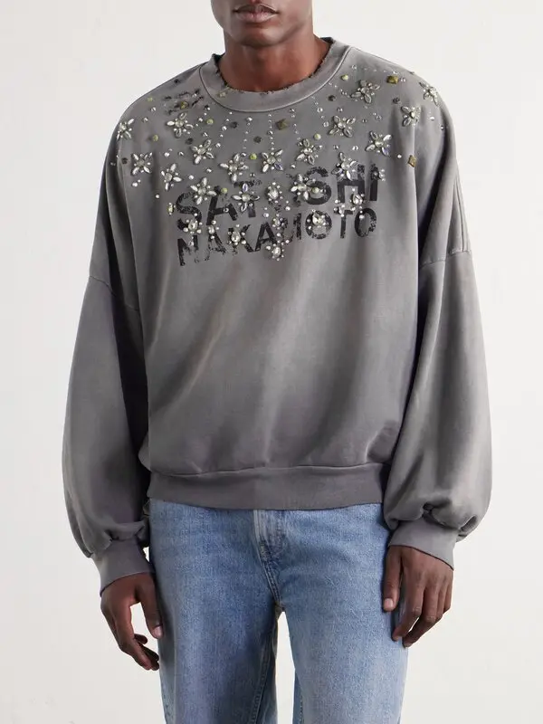 SATOSHI NAKAMOTO Crystal Castle Embellished Distressed Cotton Sweatshirt