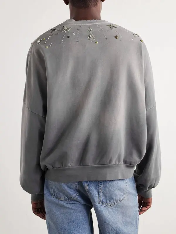 SATOSHI NAKAMOTO Crystal Castle Embellished Distressed Cotton Sweatshirt