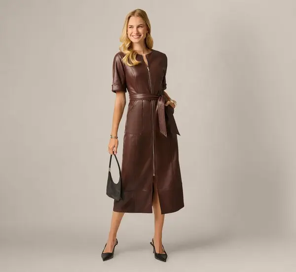Adrianna Papell Short Sleeve Faux Leather Midi Dress - Coffee