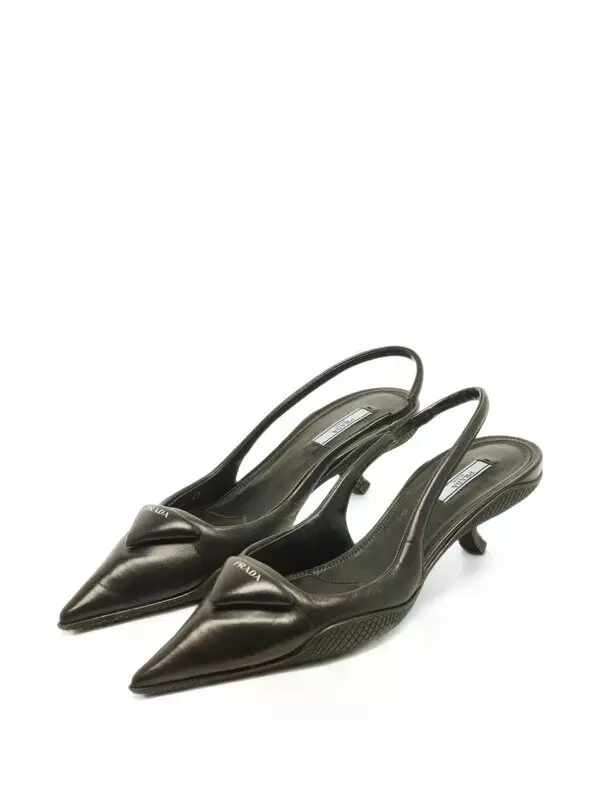 Prada Leather Enamel Triangle Logo Slingback Pumps - Black