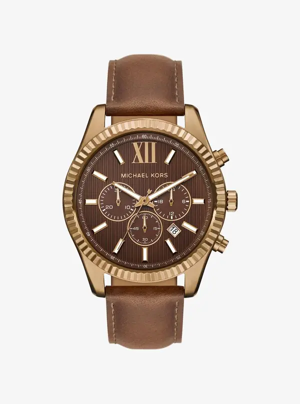 Michael Kors Lexington Gold-tone Stainless Steel And Leather Chronograph Watch - Brown