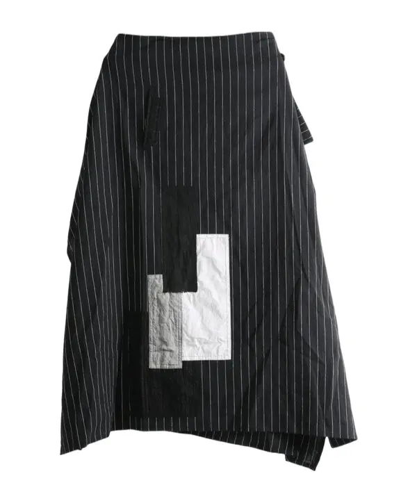 Y’s O-wrap Flare Midi Skirt With Pinstripe And Patchwork Detail