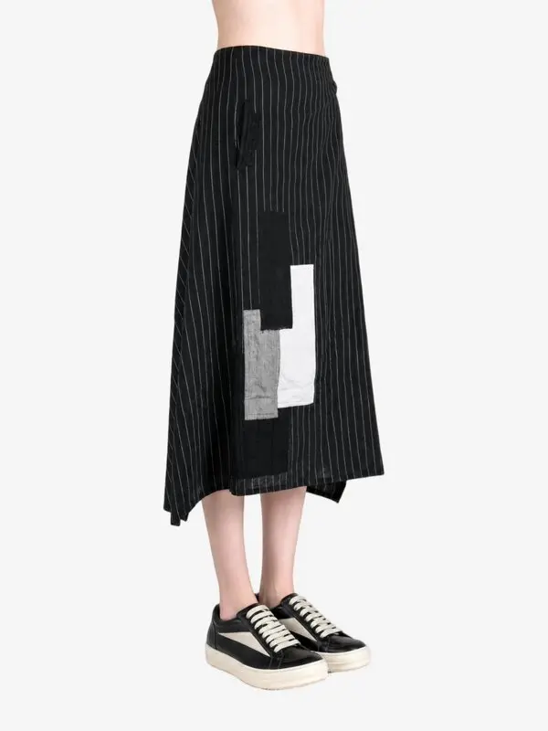 Y’s O-wrap Flare Midi Skirt With Pinstripe And Patchwork Detail