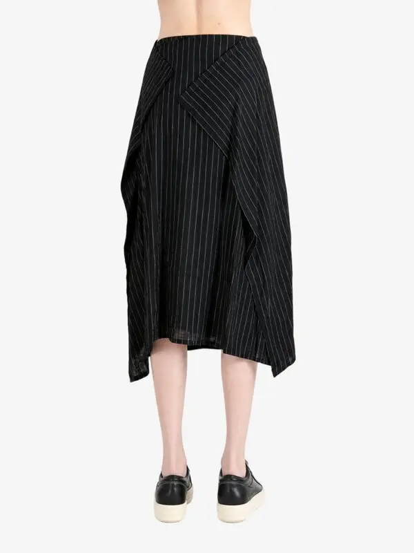 Y’s O-wrap Flare Midi Skirt With Pinstripe And Patchwork Detail