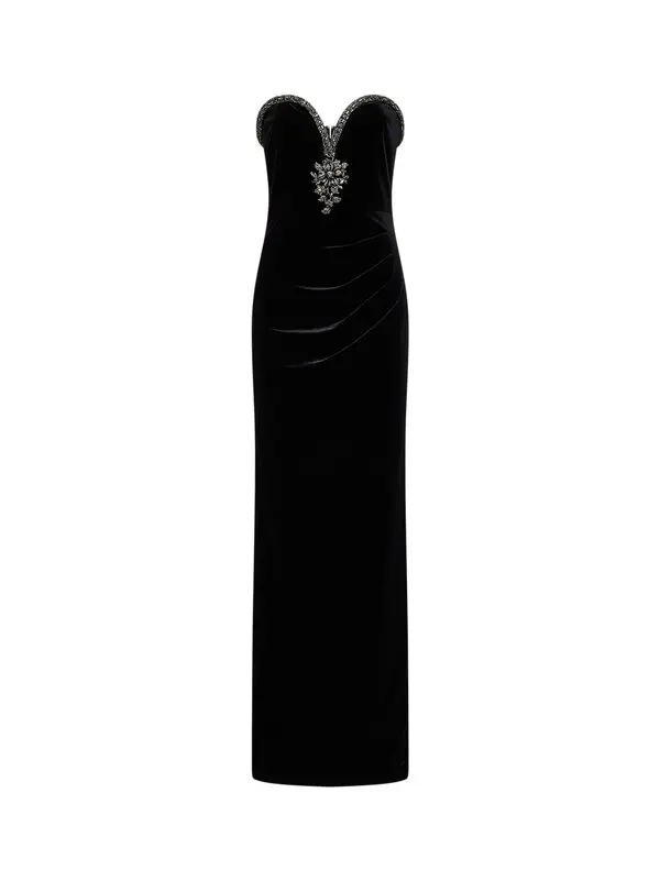 SELF-PORTRAIT Black Crystal-embellished Velvet Long Bustier Dress - Multicolor
