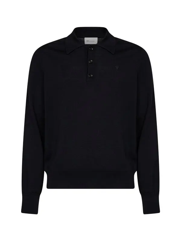 AMI Paris Black Extra-fine Merino Wool Knit De Cœur Polo Shirt
