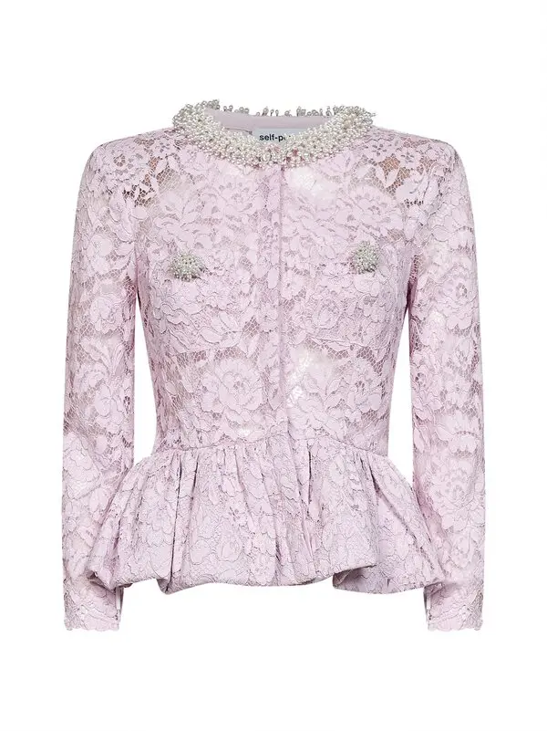 SELF-PORTRAIT Pink Lace Top With Peplum Hem - Multicolor