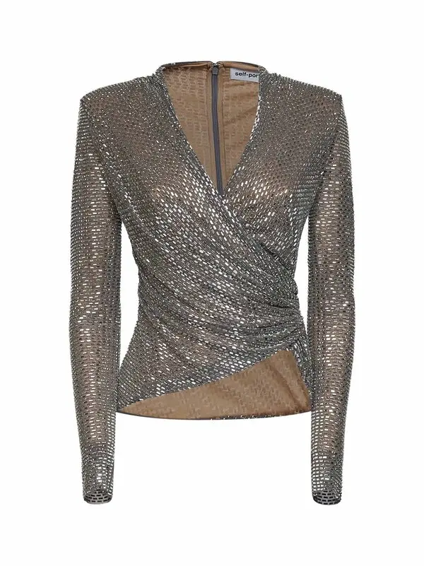 SELF-PORTRAIT Grey Rhinestone-embellished Mesh Wrap Top