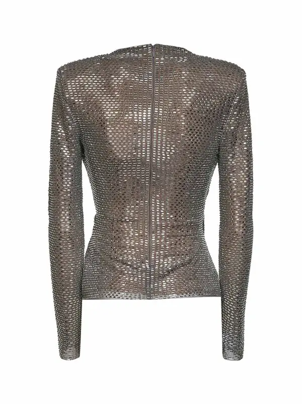 SELF-PORTRAIT Grey Rhinestone-embellished Mesh Wrap Top