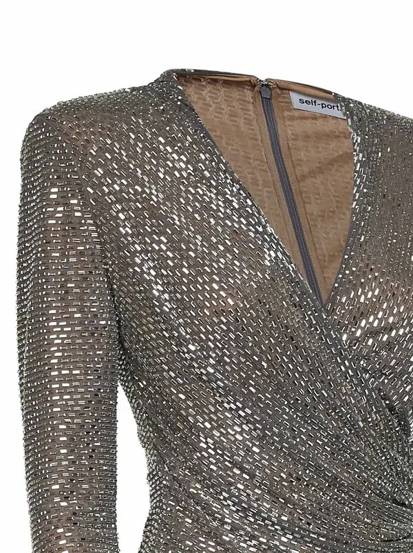 SELF-PORTRAIT Grey Rhinestone-embellished Mesh Wrap Top