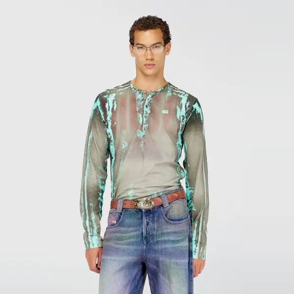 DIESEL® Grandad T-shirt In Cracked Leather-effect Jersey - Multicolor