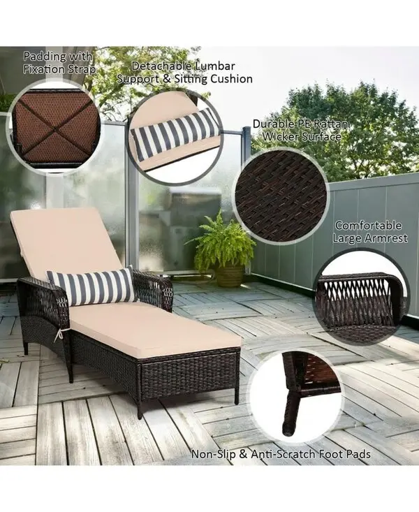SUGIFT Pe Wicker Chaise Lounge With 6-gear Adjustable Backrest And Lumbar Pillow