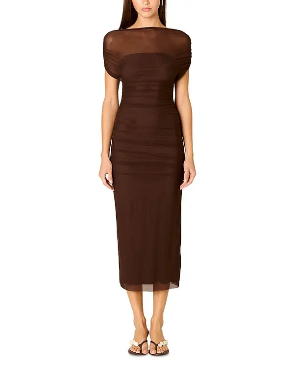 NIA Aria Boat Neck Mesh Bodycon Midi Dress