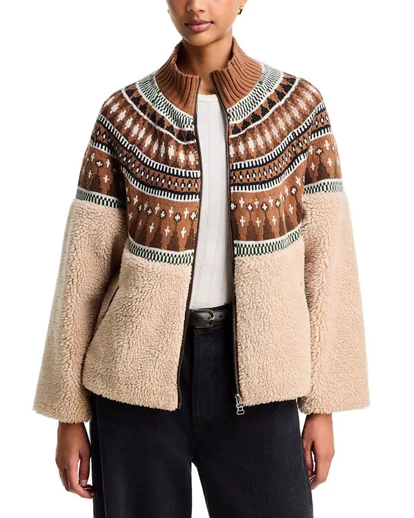 Moon River Mixed Media Fair Isle Zip-up Jacket