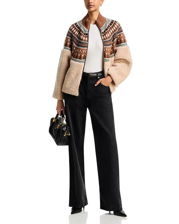 Moon River Mixed Media Fair Isle Zip-up Jacket