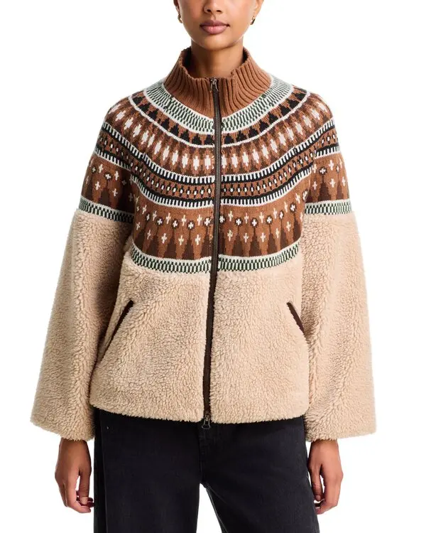 Moon River Mixed Media Fair Isle Zip-up Jacket