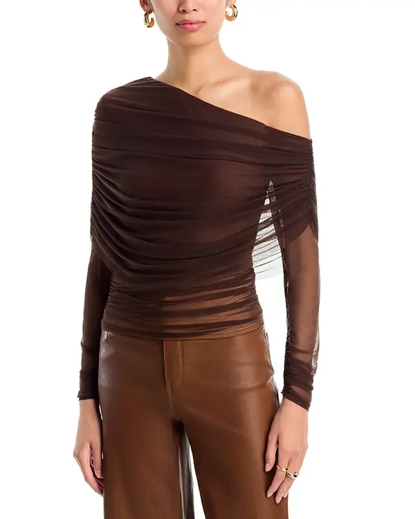 Line & Dot Off-the-shoulder Ruched Mesh Top