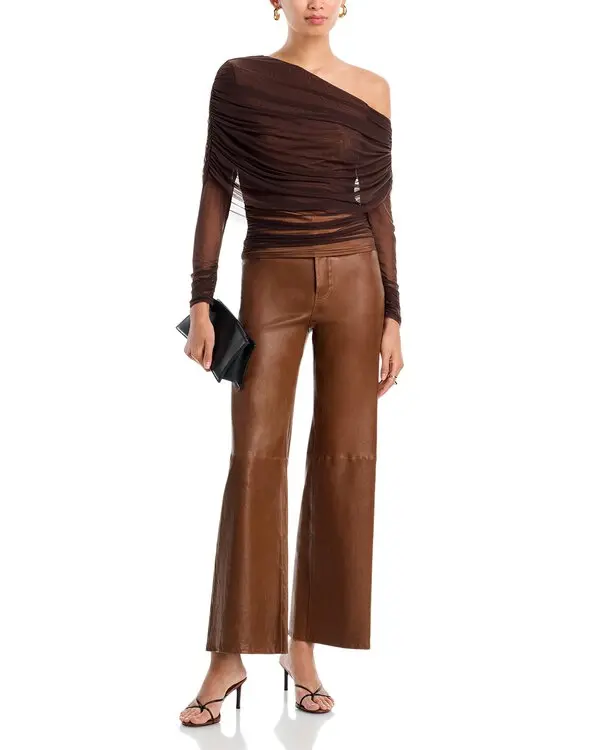 Line & Dot Off-the-shoulder Ruched Mesh Top