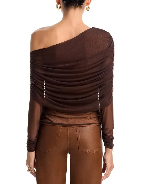 Line & Dot Off-the-shoulder Ruched Mesh Top