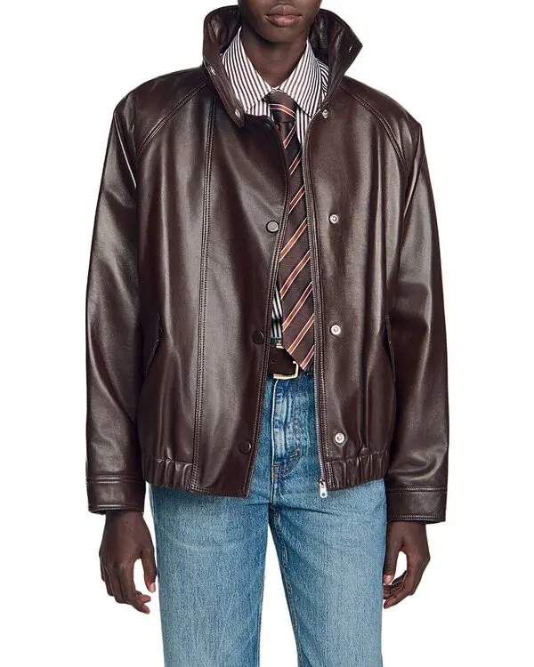 Sandro Stand Collar Leather Jacket
