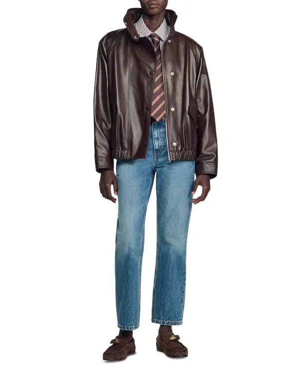 Sandro Stand Collar Leather Jacket