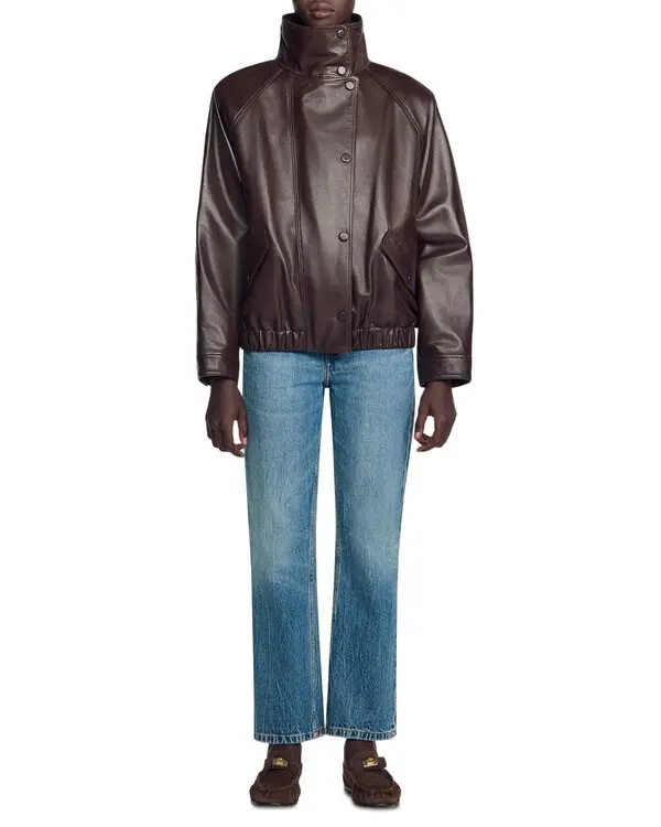 Sandro Stand Collar Leather Jacket