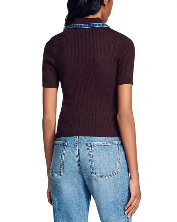 Sandro Richmond Ribbed Knit Polo Sweater With Zip Detail