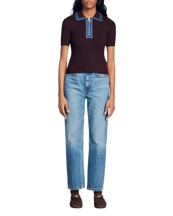 Sandro Richmond Ribbed Knit Polo Sweater With Zip Detail