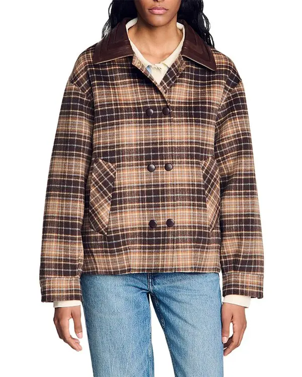 Sandro Mystic Plaid Wool Blend Jacket With Leather Collar