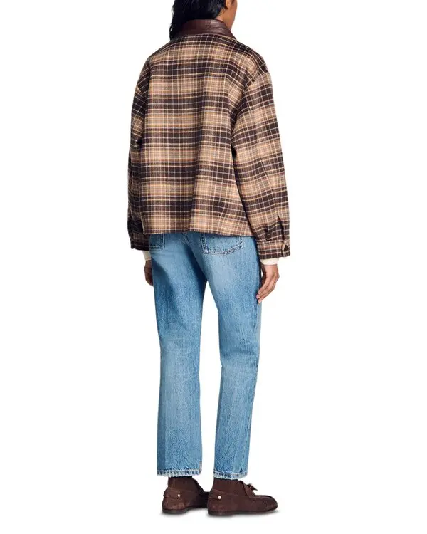 Sandro Mystic Plaid Wool Blend Jacket With Leather Collar
