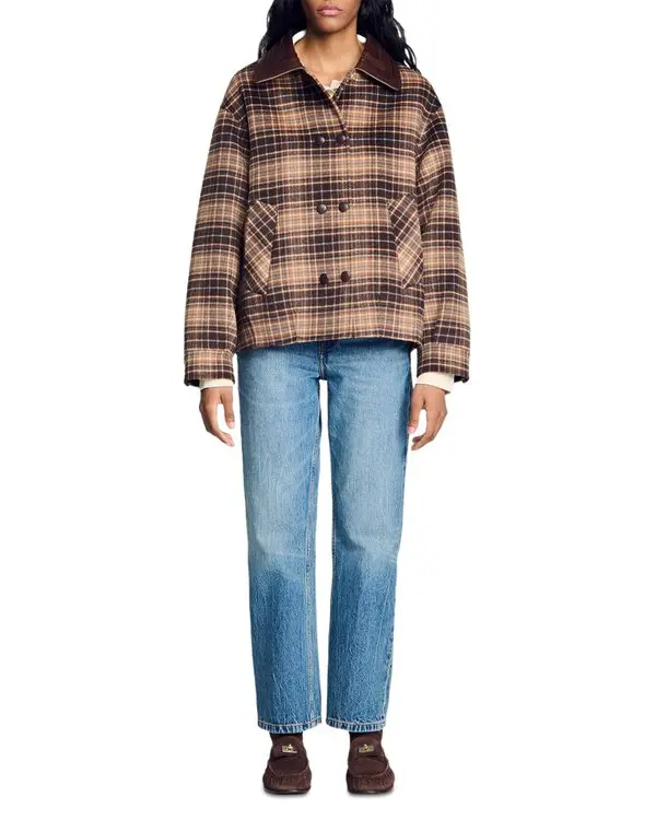 Sandro Mystic Plaid Wool Blend Jacket With Leather Collar