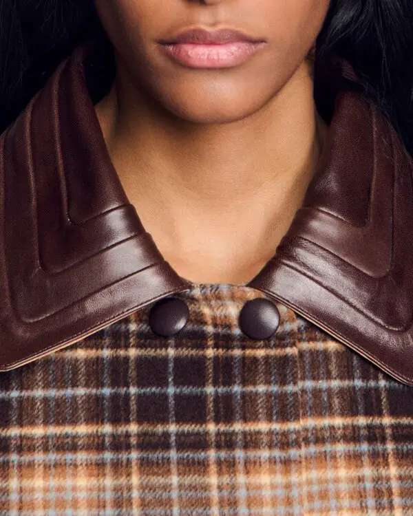 Sandro Mystic Plaid Wool Blend Jacket With Leather Collar