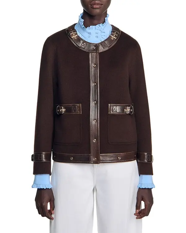 Sandro Greenwich Wool Blend Jacket With Leather Trim