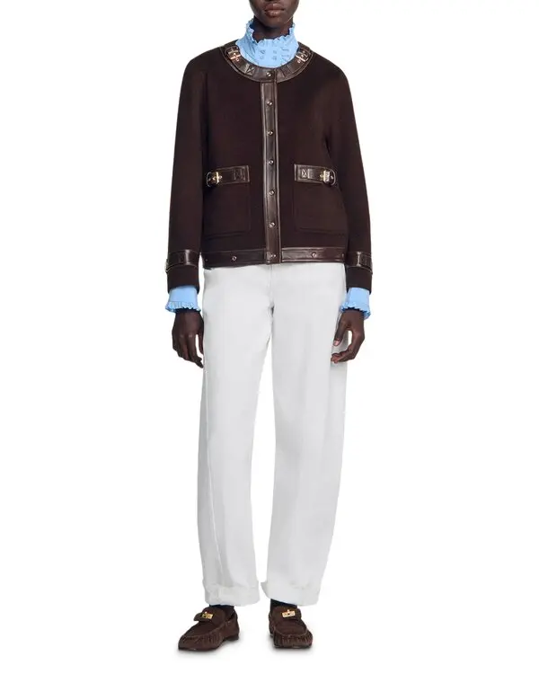 Sandro Greenwich Wool Blend Jacket With Leather Trim