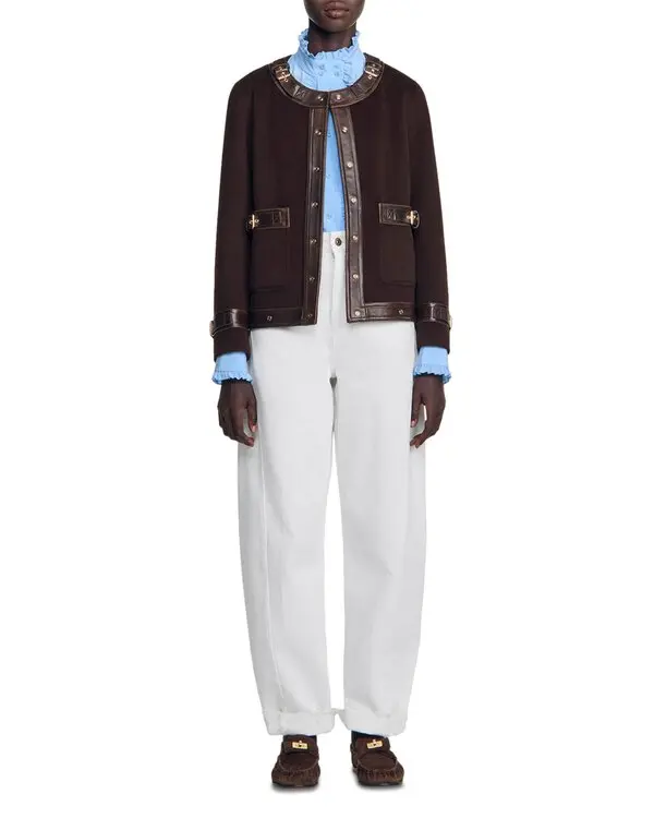 Sandro Greenwich Wool Blend Jacket With Leather Trim