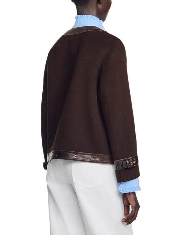 Sandro Greenwich Wool Blend Jacket With Leather Trim
