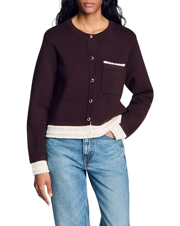 Sandro Candide Lace Trim Cardigan