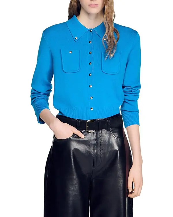 Sandro Wool Blend Shirt Collar Cardigan With Button Detailing
