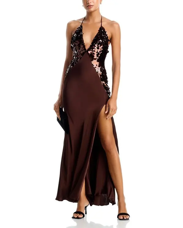 Bardot Yve Sequin Halter Dress - Chocolate